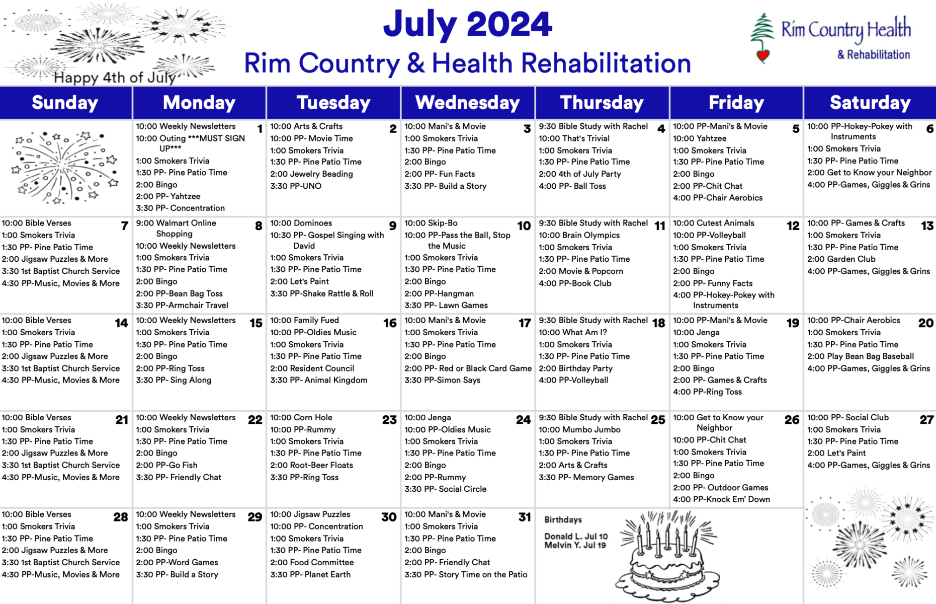 Activities Calendar | Rim Country Health and Rehabilitation